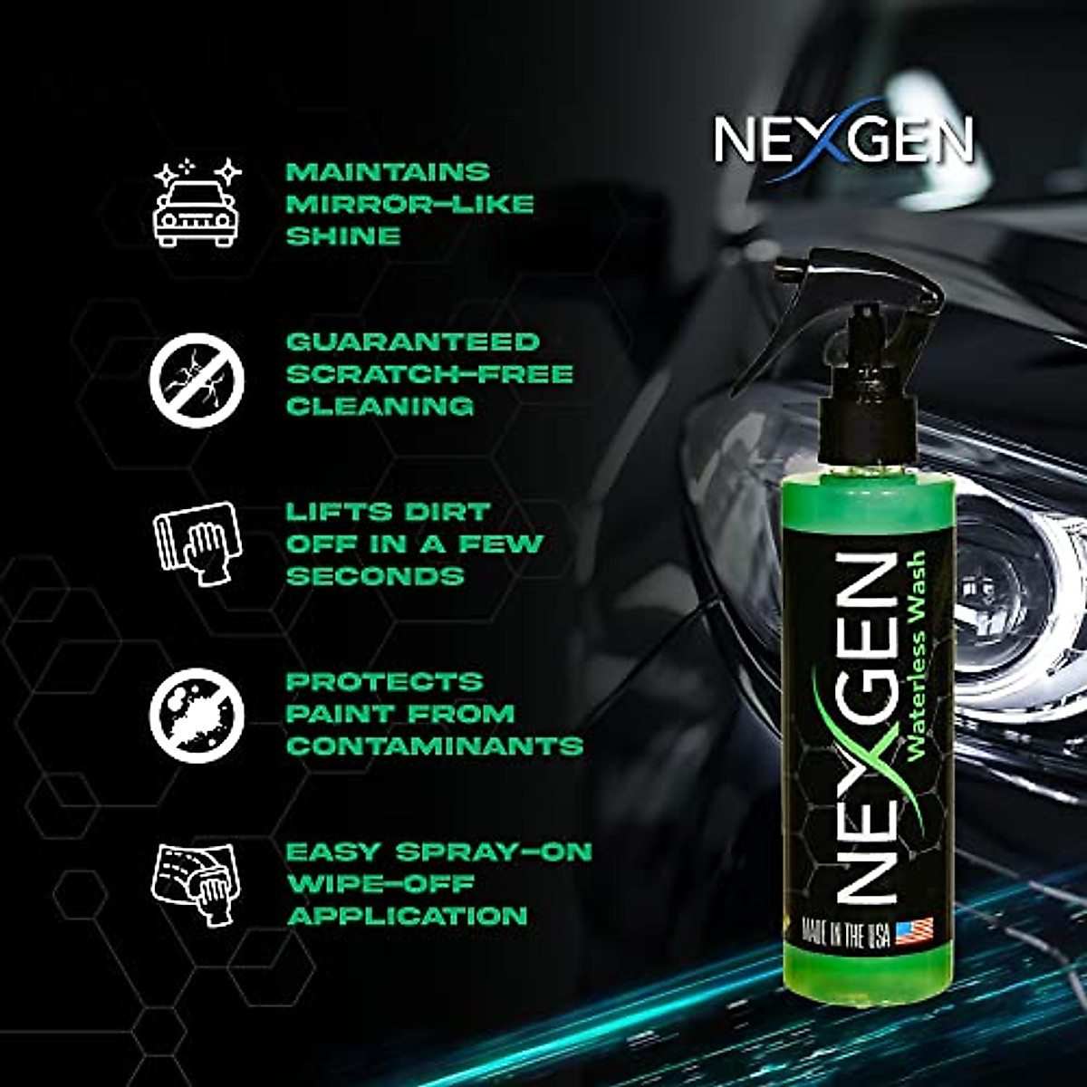 Nexgen Waterless Car Wash - Premium Quality Car Wash Spray, Showroom Car Cleaner, Professional Wash and Wax Shine, Quick Detailer Spray, Car UV Protection, Deep Gloss (8oz)