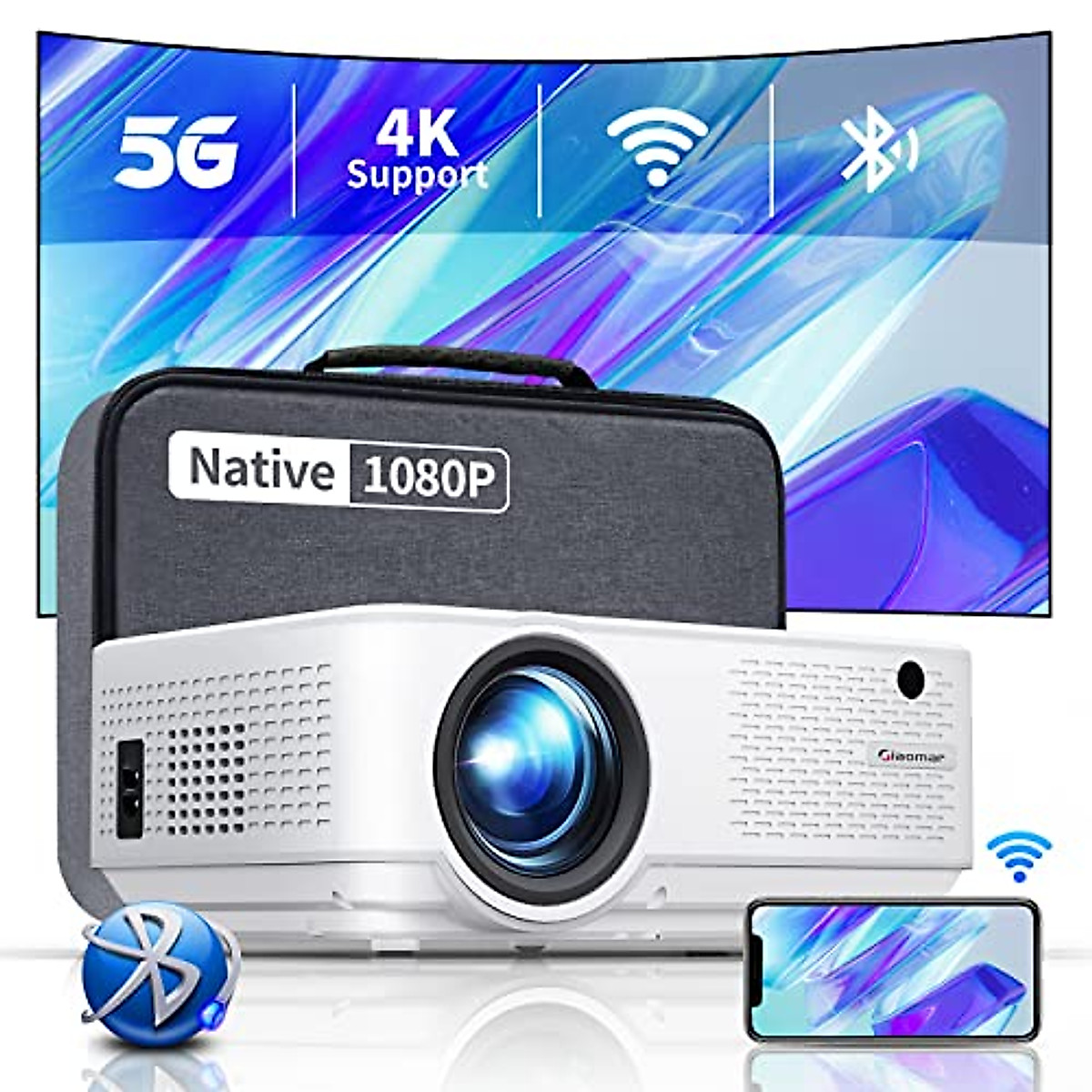 5G WiFi Projector, Giaomar Bluetooth Projector 13000L, Native 1080P Full HD Projector 4K Supported, Movie Projector Support iOS/Android Sync Screen & Zoom and Win/PC/DVD/TV with Portable Bag