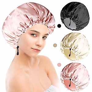 Shower Cap For Women Men 3PCS Shower Caps For Women Waterproof Extra Large Shower Cap Big Lined Rbersea Jumbo Reusable Shower Cap Long Hair Bonnet Set For Kids With Black Gold Pink Bath Cap Adjustable