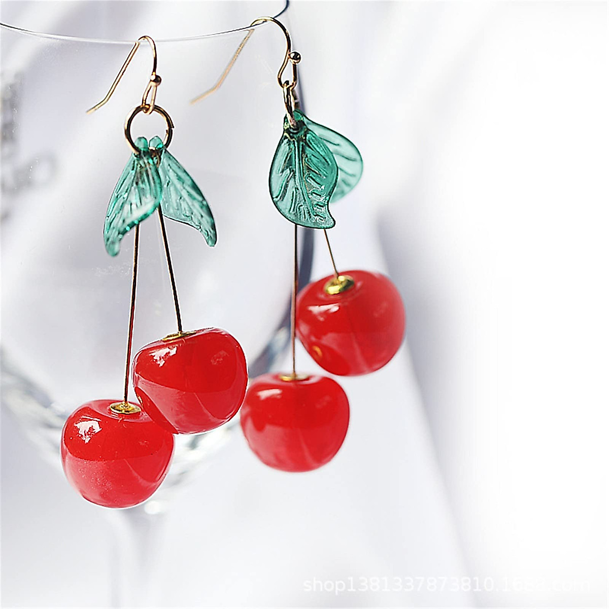 Lovely Handmade Cherry Food Fruit Drop Earring for Women 14K Gold Plated Lightweight Sweet Fruit Leaf Statement Dangle Earring Friendship Jewelry Birthday Gift-A red-1