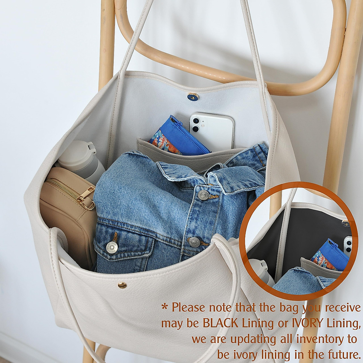 Oversize Vegan Leather Tote Women Weekender Bag Shopper Handbag Travel Purse (Ivory)