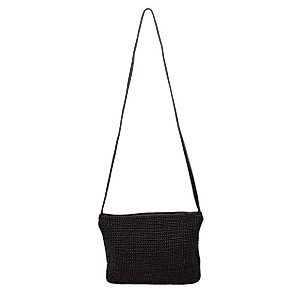 Classic Chic Black Crochet Crossbody Bag Zip Closure Boho Style Handbag Purse Faux Leather Strap