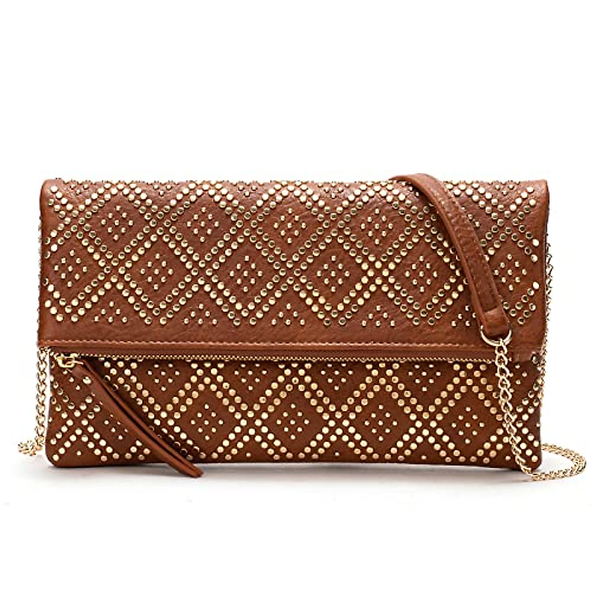 NOL Natural Organic Lifestyle Women Crossbody Bag Shoulder Handbag Evening Clutch Purse with Studs Chaine Strap (Brown)