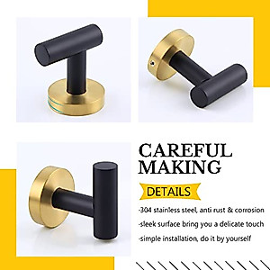 APLusee Robe Towel Hook Matte Black and Gold, 304 Stainless Steel Single Prong Coat Hook Bathroom Kitchen Garage Home Storage Round Utility Hanger