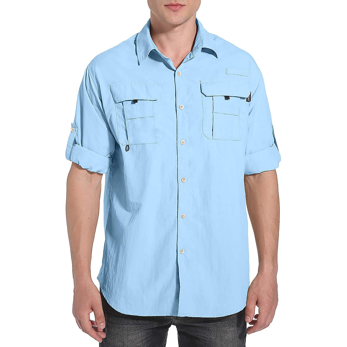 NOMINATE Mens Long Sleeve Fishing Shirts UPF 50+ UV Protection Sun Shirts Quick Drying Hiking Lightweight Blue