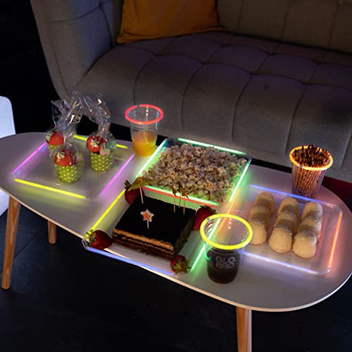 NEON GLOW PARTY PLATES REUSABLE 10-Inch Square Blacklight Party Glow party Glow Party Decorations Favors Glow Sticks Light Up Plates Tableware