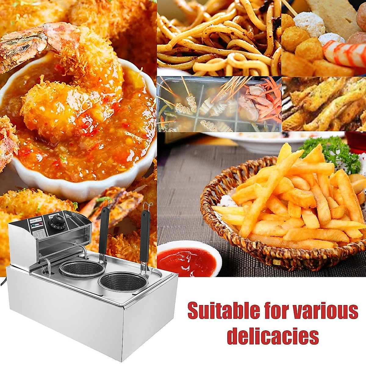 Rrlihjgu Electric Noodle Cooker Pasta Cooker Electric - 1500W Commercial Stainless Steel Two Baskets Pasta Cooker Multifunctional Cooking Equipment for Vegetables, Spaghetti, Dumplings, Fried Snacks