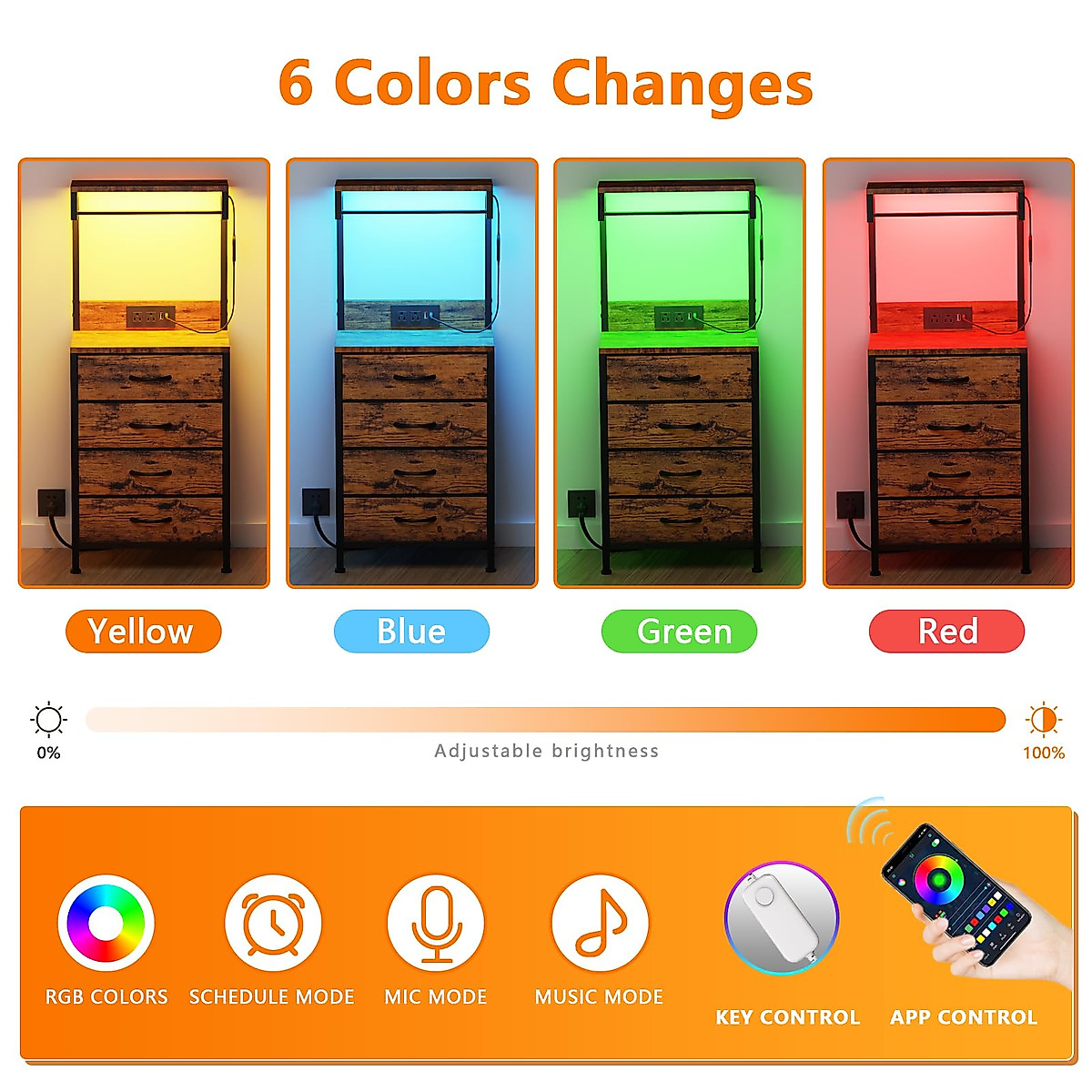 Furnulem Tall Nightstand with Charging Station, Night Stands with LED Lights and Storage Shelves, Bed Side Table for Bedroom, Hallway, Office, 4 Fabric Drawers, Rustic Brown