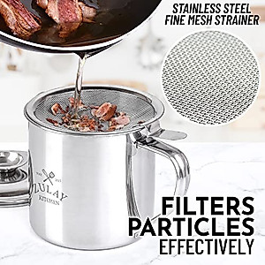 Zulay Kitchen Bacon Grease Container With Strainer - 1L Stainless Steel Cooking Oil Container With Lid & Handle - Large Ghee Container or Bacon Fat Container Perfect For Storing Fats & Frying Oils