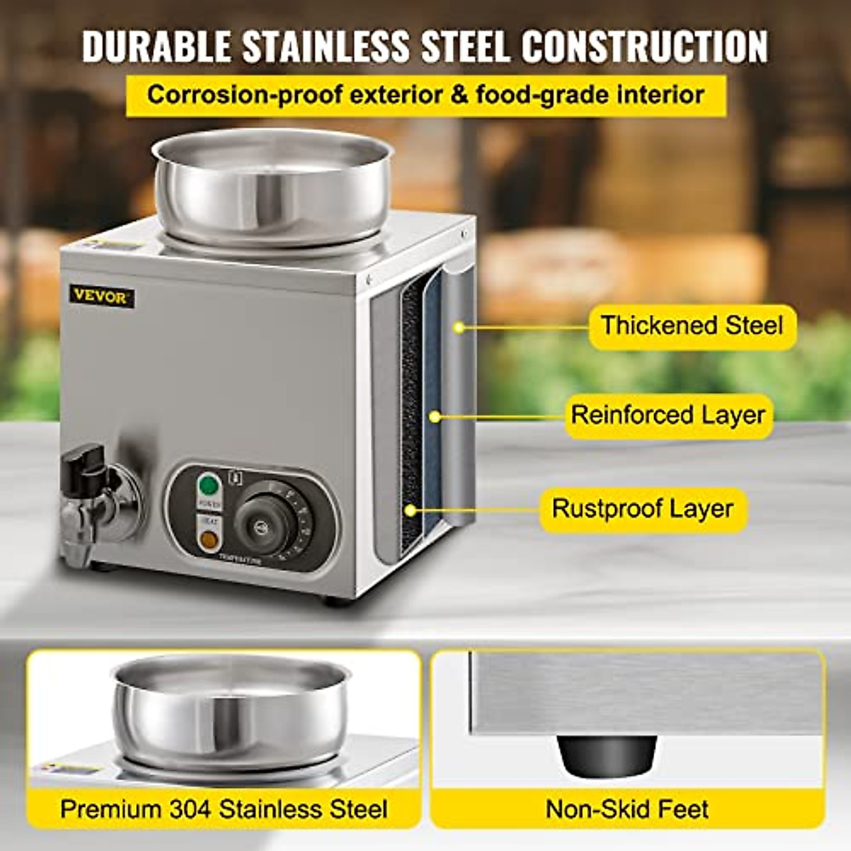 VEVOR 110V Commercial Food Warmer 4.2 Qt Capacity, 300W Electric Soup Warmer Adjustable Temp.32-185℉, Stainless Steel Countertop Soup Pot with Tap, Bain Marie Food Warmer for Cheese/Hot Dog/Rice