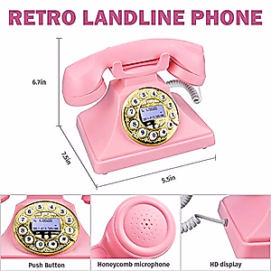 Pink Retro Landline Phone for Home, IRISVO Vintage Phone Old Fashioned Classic Desk Telephone with LCD Screen Display and Redial,Speaker, Push Button Dialing with A Rotary Look (Pink)