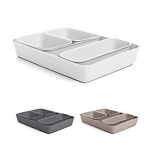 Superio Ribbed Collection - Decorative Plastic Desk Drawer Organizer Tray, White (Set of 5) Open Home Storage Bins Organizer Baskets, for Organizing Closet Shelves Drawer Shelf