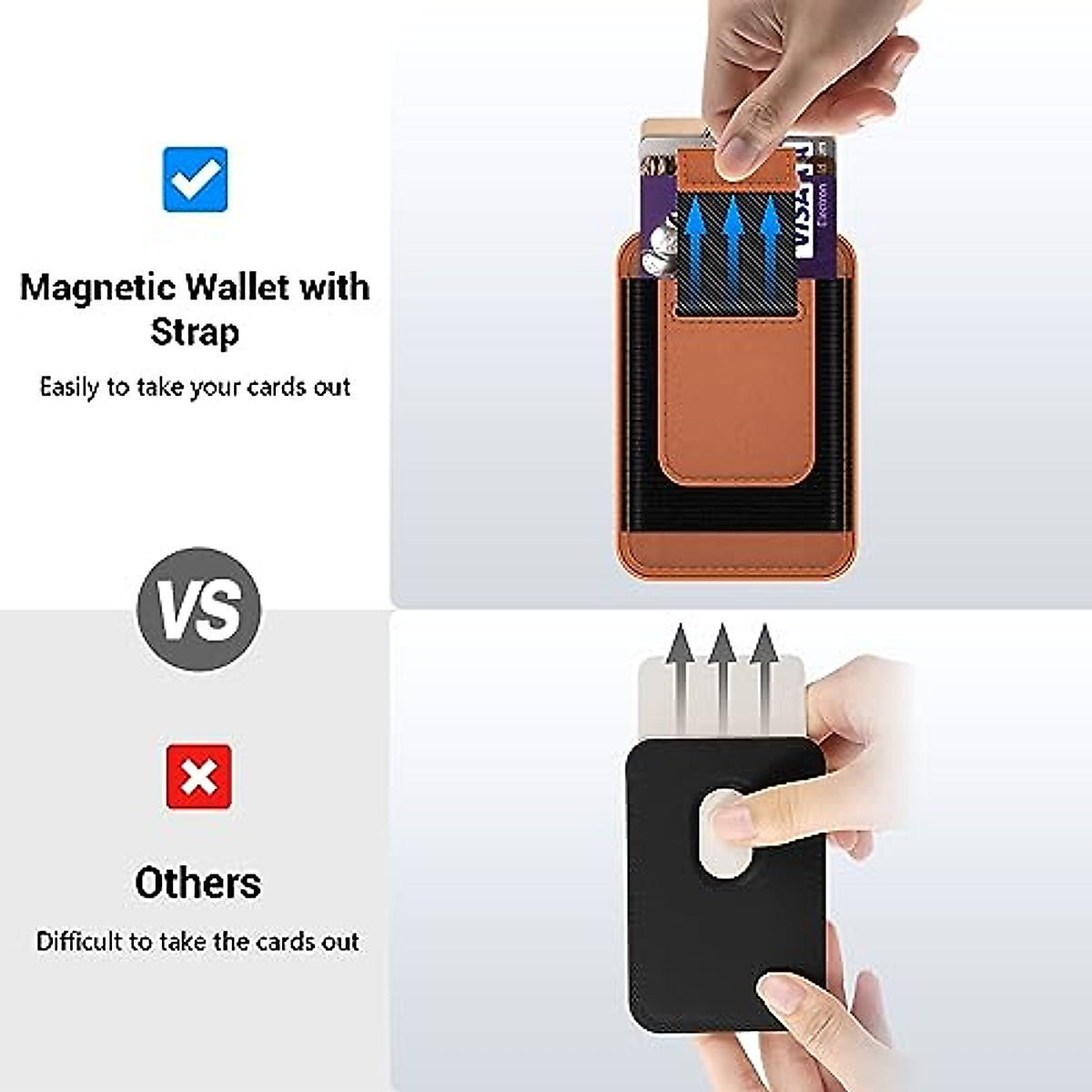 Alfuvcona Magnetic Card Wallet Holder for MagSafe Card Wallet with Strap Leather Wallet for iPhone 15/14/ 13/12 Series Phone Wallet Compatible with Apple Magsafe - Hold 7-8 Cards, Brown