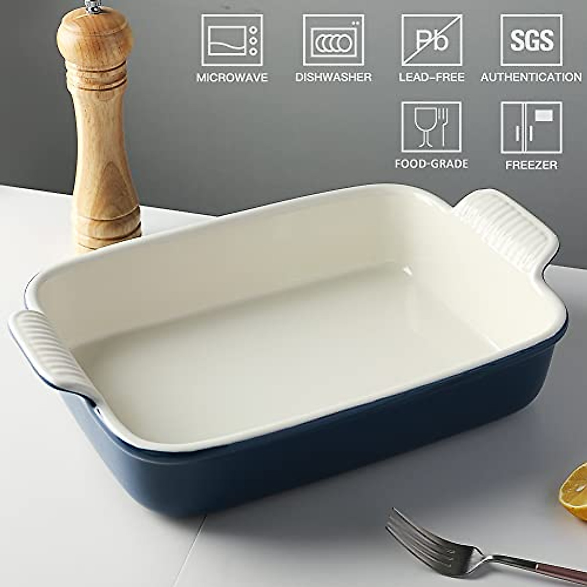 Sweejar Ceramic Baking Dish, Casserole Dish for Oven, 9x13 Inch Rectangular Lasagna Pan Deep, Bakeware with Handles for Cooking, Dinner, Kitchen, Banquet and Daily Use (Navy)
