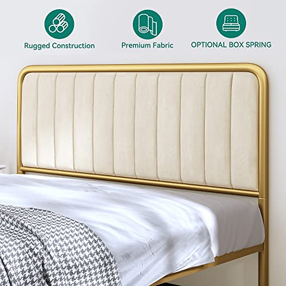 YITAHOME Queen Size Bed Frame, Velvet Bed Frame with Upholstered Headboard, Strong Metal Slats Support Platform Bed, No Box Spring Needed, Gold & Beige