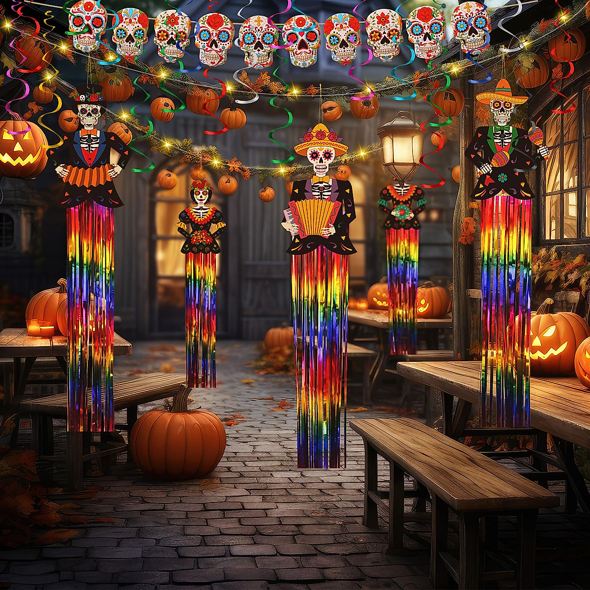 MotiMind 29 Pcs Day of The Dead Decorations Sugar Skull Hanging Swirl Decorations Sugar Skull Banner Sugar Skull Hanging Decor with LED String Lights for Dia De Los Muertos Fiesta Party Supplies