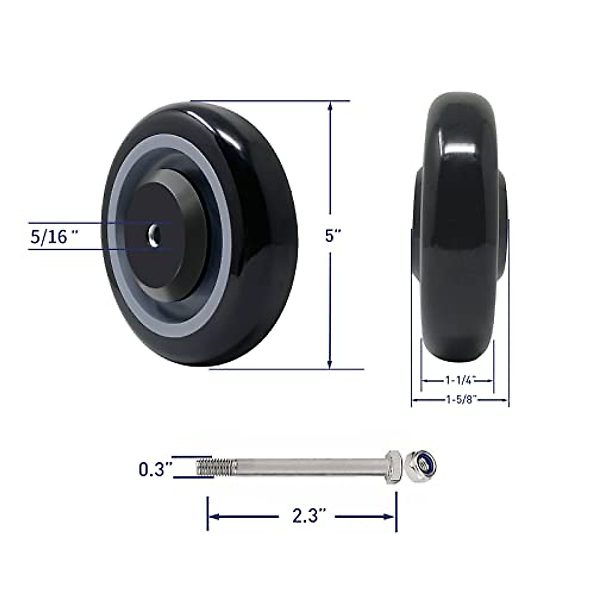 NINOSO 5" Wheels for Cart, 5/16" Axle Polyurethane Shopping Cart Wheels Replacement Casters 1400lbs Total Capacity