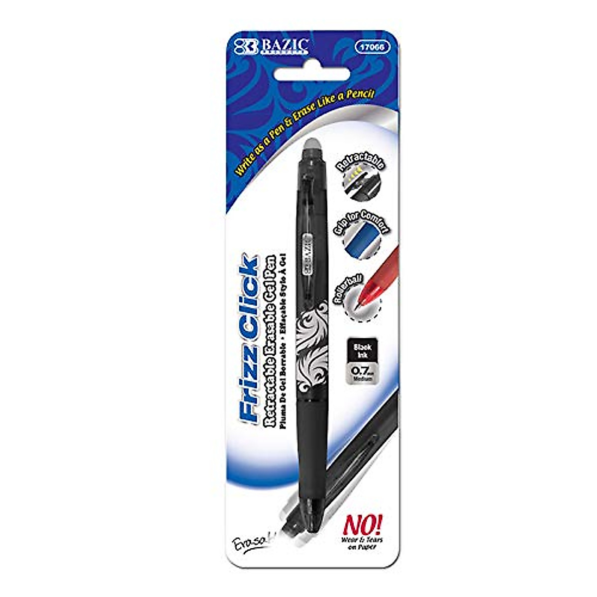 Bazic Frizz Black Erasable Gel Retractable Pen with Grip, Case of 24