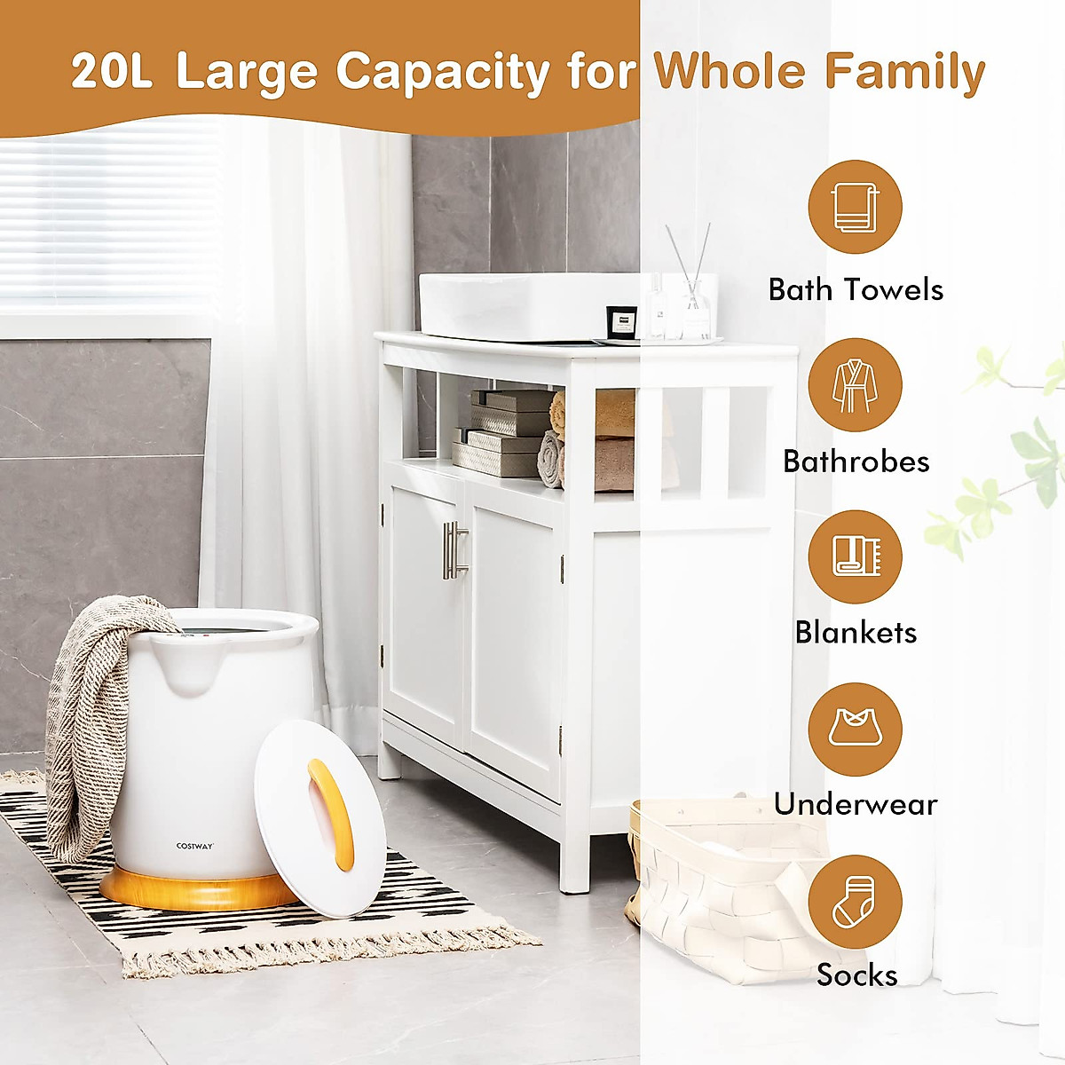 COSTWAY Bucket Style Towel Warmer, Large Towel Warmer with Fragrance Holder, Fits up to Two 40” x 70” Oversized Towels, Bathrobes, Blankets, Auto Shut Off, Luxury Towel Warmer for Bathroom, Spa