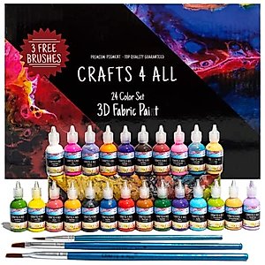 Crafts 4 All Fabric Paint Set - Pack of 24 Permanent, Assorted 3D Paints for Decorating Clothes, Shoes, Canvas, Wood and Paper - Brushes Included - Art Supplies