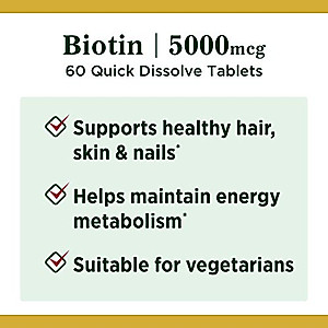 Biotin by Nature's Bounty, Vitamin Supplement, Supports Metabolism for Cellular Energy and Healthy Hair, Skin, and Nails, 5000 mcg, 60 Quick Dissolve Tablets