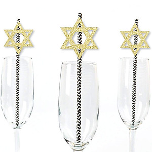 Gold Glitter Star of David Party Straws - No-Mess Real Gold Glitter Cut-Outs & Decorative Hanukkah Paper Straws - Set of 24
