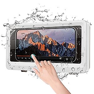 MoKo Shower Phone Holder, Waterproof Phone Wall Mount for Bathroom Bathtub Kitchen with Touchable Screen Wall Stickers Fit with iPhone 14/14 Pro, Galaxy S21, Smartphone up to 6.8", White & Chocolate