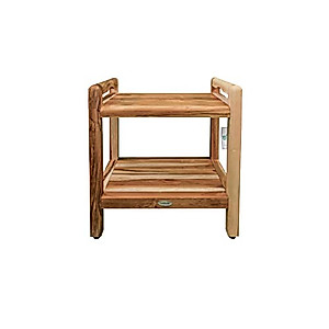 DecoTeak Earthy Teak Shower Stool Eleganto Natural Wood Seat Shower Bench with Storage Shelf and LiftAide Arms for Indoors and Outdoors - 14 inches Wide