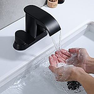 Ultimate Unicorn Waterfall Bathroom Sink Faucet Matte Black, Two Handles Bathroom Faucet with Metal Pop up Sink Drain Stopper, 2 or 3 Holes Bathroom Basin Lavatory Mixer Tap with Deck Mount Plate