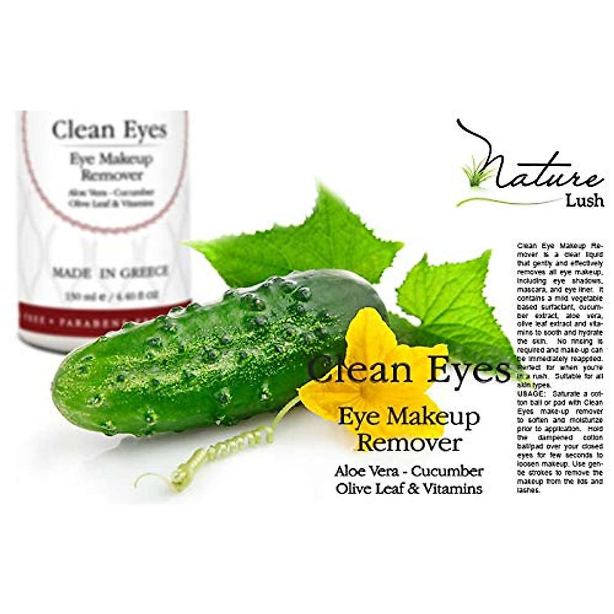 Nature Lush The Best Natural Eye & Face Makeup Remover - Oil Free - Rich Vitamins - Non Irritating – No Hazardous Chemicals - “Clean Eyes Made In Greece 4.4 oz