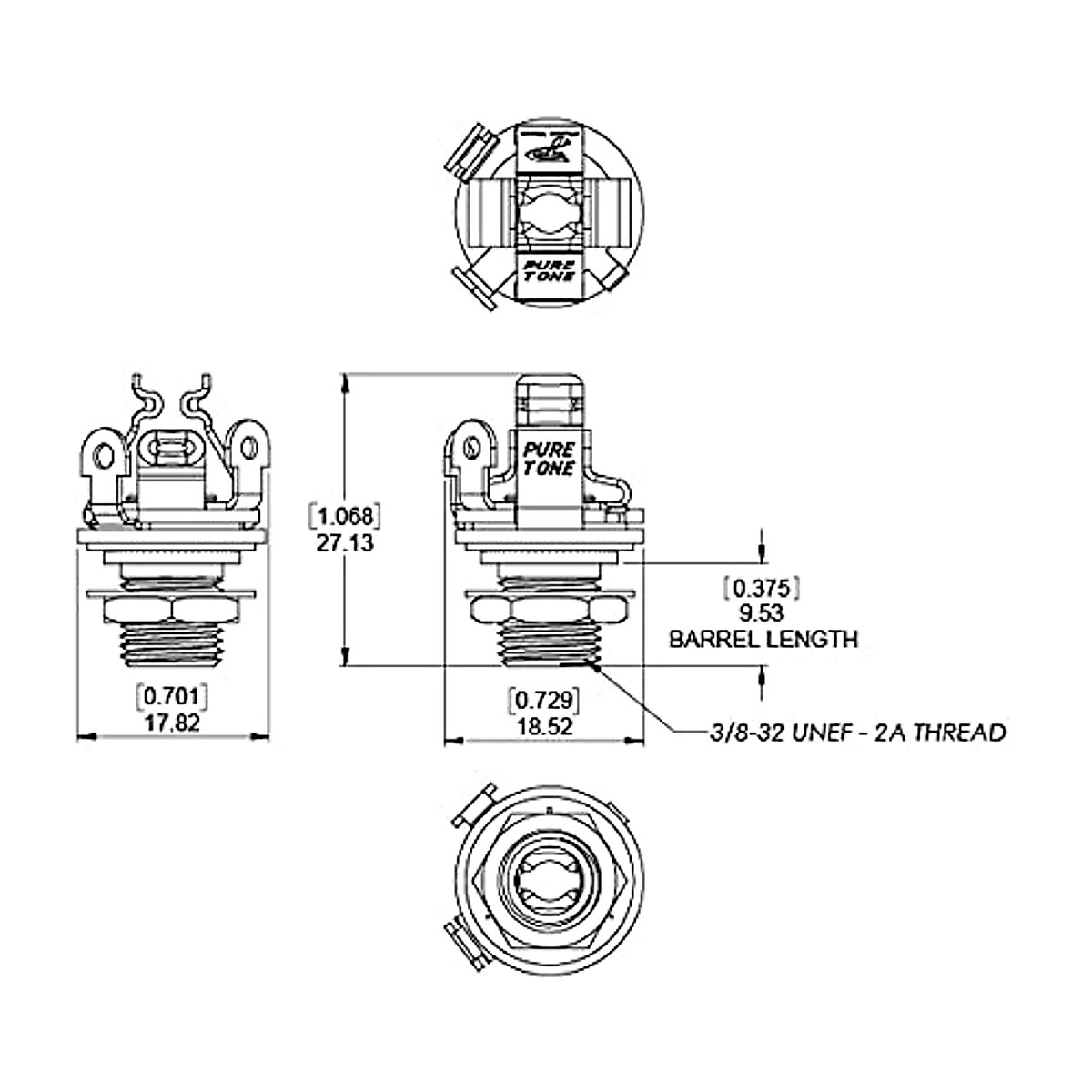 Pure Tone Multi-Contact 1/4 inch Mono Output Jack | Gold | Dual Tension Grounds & Dual Positive Tips for Optimal Signal, Tone & Lowest Possible Noise