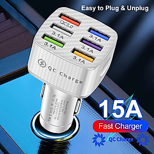 Amiss Car Charger Adapter, 6 USB Multi Port, Fast Charger, Include QC 3.0 and 5 Other Ports, Car Interior Accessories, Fit for iPhone 13/12/11/pro, Samsung Galaxy/Note S10/S9/S8 - White（2PCS）