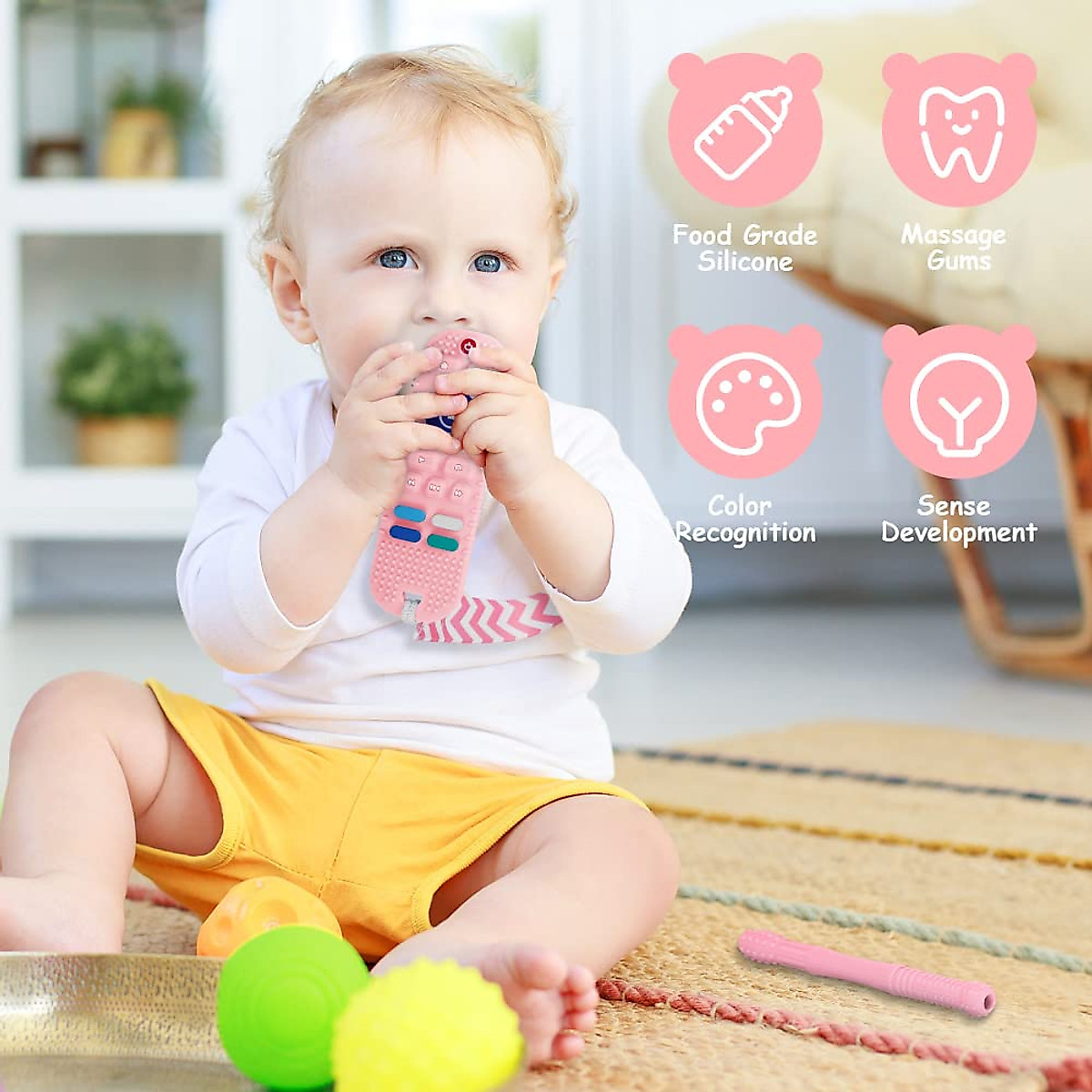 Silicone Baby Teething Toys, Remote Control Shape Teethers Toys with Teething Tubes and Pacifier Clip, Baby Teething Toys for 3+ Months, Remote Teething Toys BPA Free/Freezable/Dishwasher Safe(Pink)