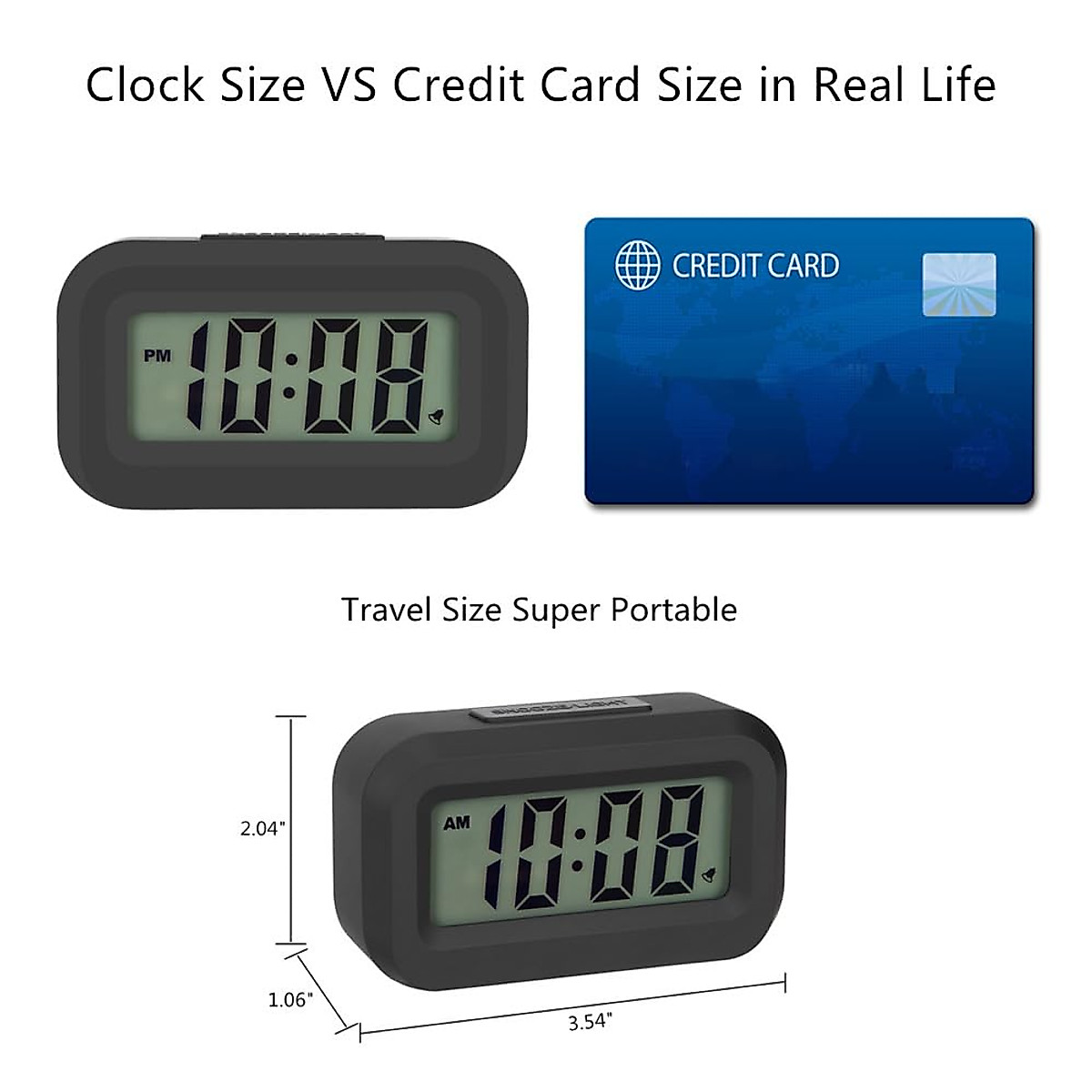 FAMICOZY Small Digital Travel Alarm Clock,Simple Operation,Easy to Read,Ascending Alarm,12/24Hr,Snooze Soft Light for Bedside,AAA Battery Operated,Black