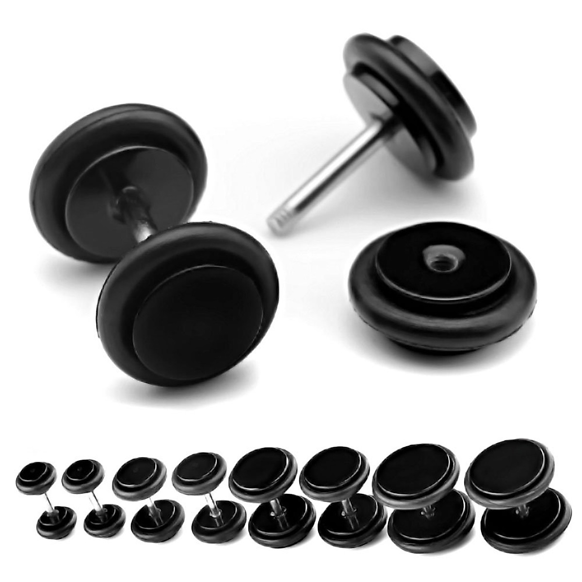 PiercingJ 8pcs Acrylic Barbell Stud Earring with O-ring Fake Illusion Plug Gauge Kit 6G-00G Look BLACK (2 "plugs" of each size total 8 pcs)
