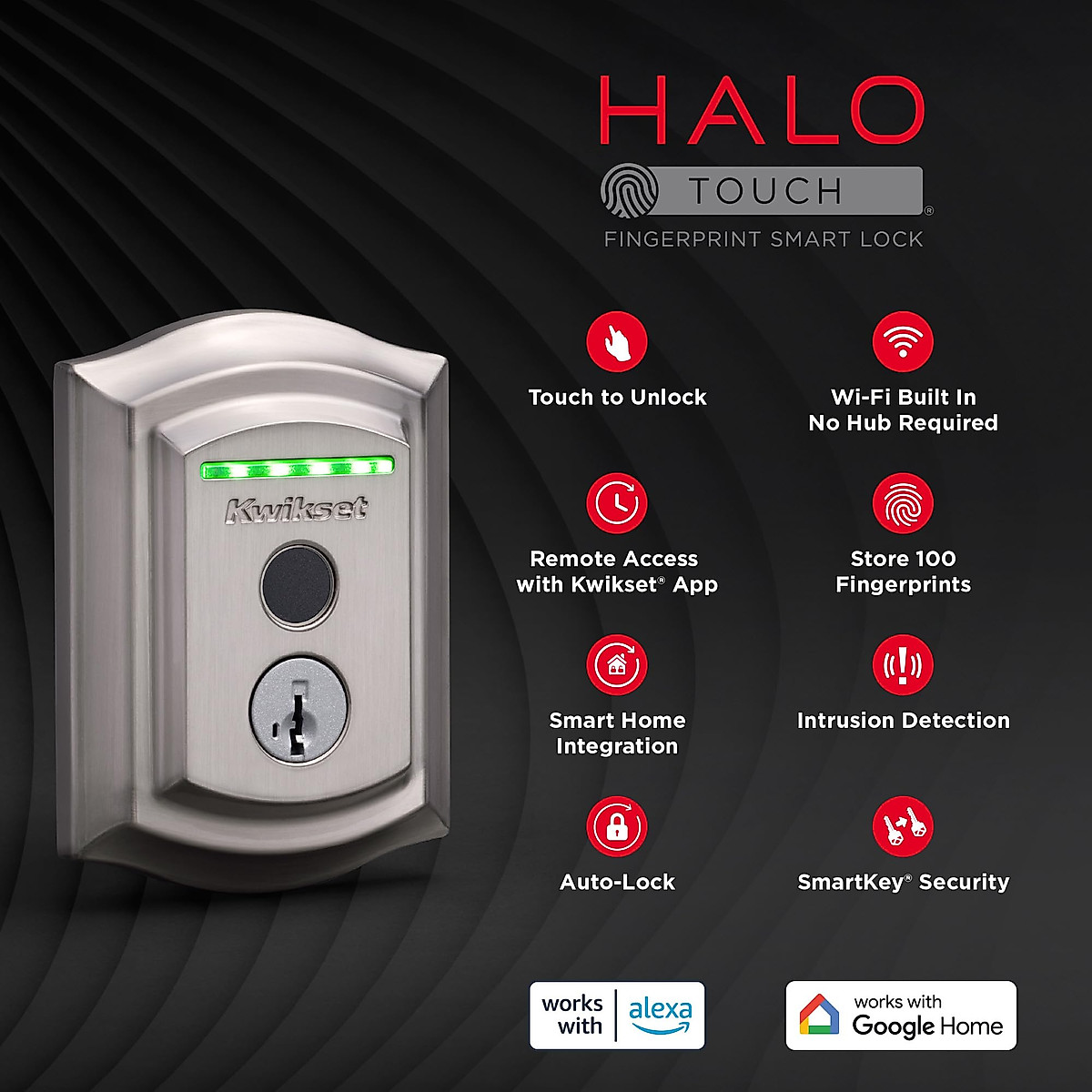 Kwikset Halo Touch Traditional Arched Wi-Fi Fingerprint Smart Lock No Hub Required featuring SmartKey Security in Satin Nickel (99590-001)