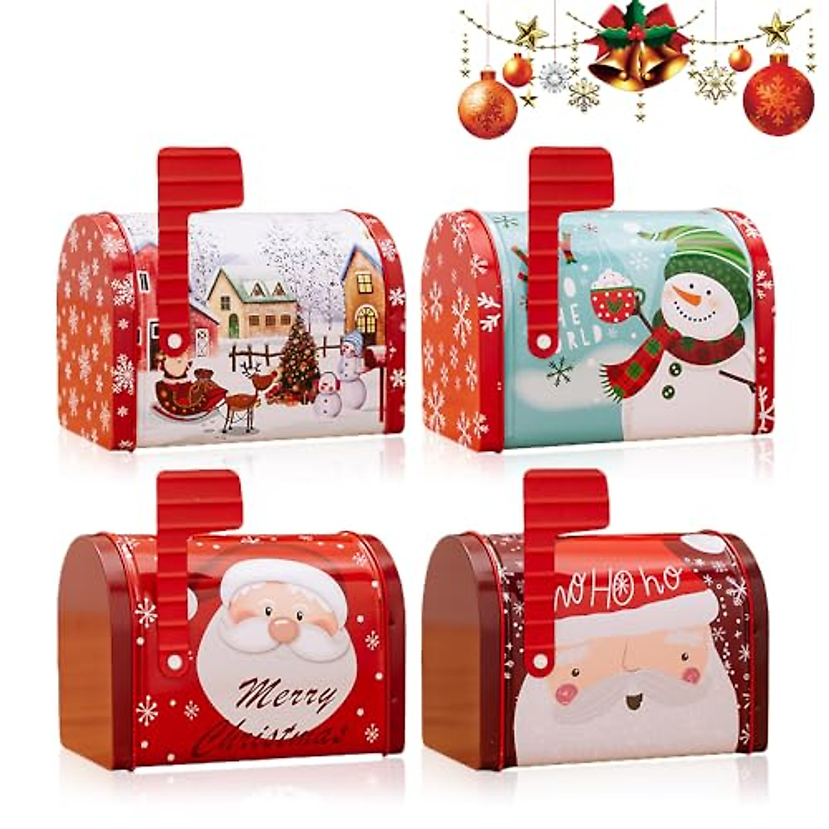 4PCS Christmas Reindeer Gift Box, Metal Christmas Cookie Tins with Lids, Decorative Candies Storage Container Tinplate Candy Boxes Empty Tins Xmas Cookie Jar for Christmas Decor and Storing Snacks