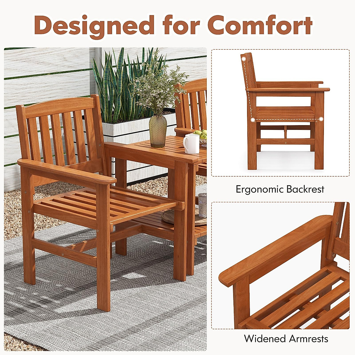 Tangkula 3 Piece Patio Conversation Set, Outdoor Wood Conversation Seat with Table and Umbrella Hole, Outdoor Furniture Set of 3 for Garden Poolside Backyard Balcony Porch