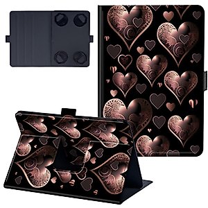 Universal Case for 9-10.5 inch Tablet, Leather Stand Protective Case Cover for 9.7" 10.1" 10.5" Tablet with Adjustable Fixing Silicon Band, Pink Heart