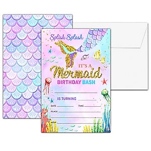 Birthday Party Invitations, Mermaid Birthday Invitations, Double-Sided Fill In Birthday Invites, Magical Glitter Birthday Party Favors Decorations Supplies, 20 Cards With 20 Envelopes(Invite-A05)