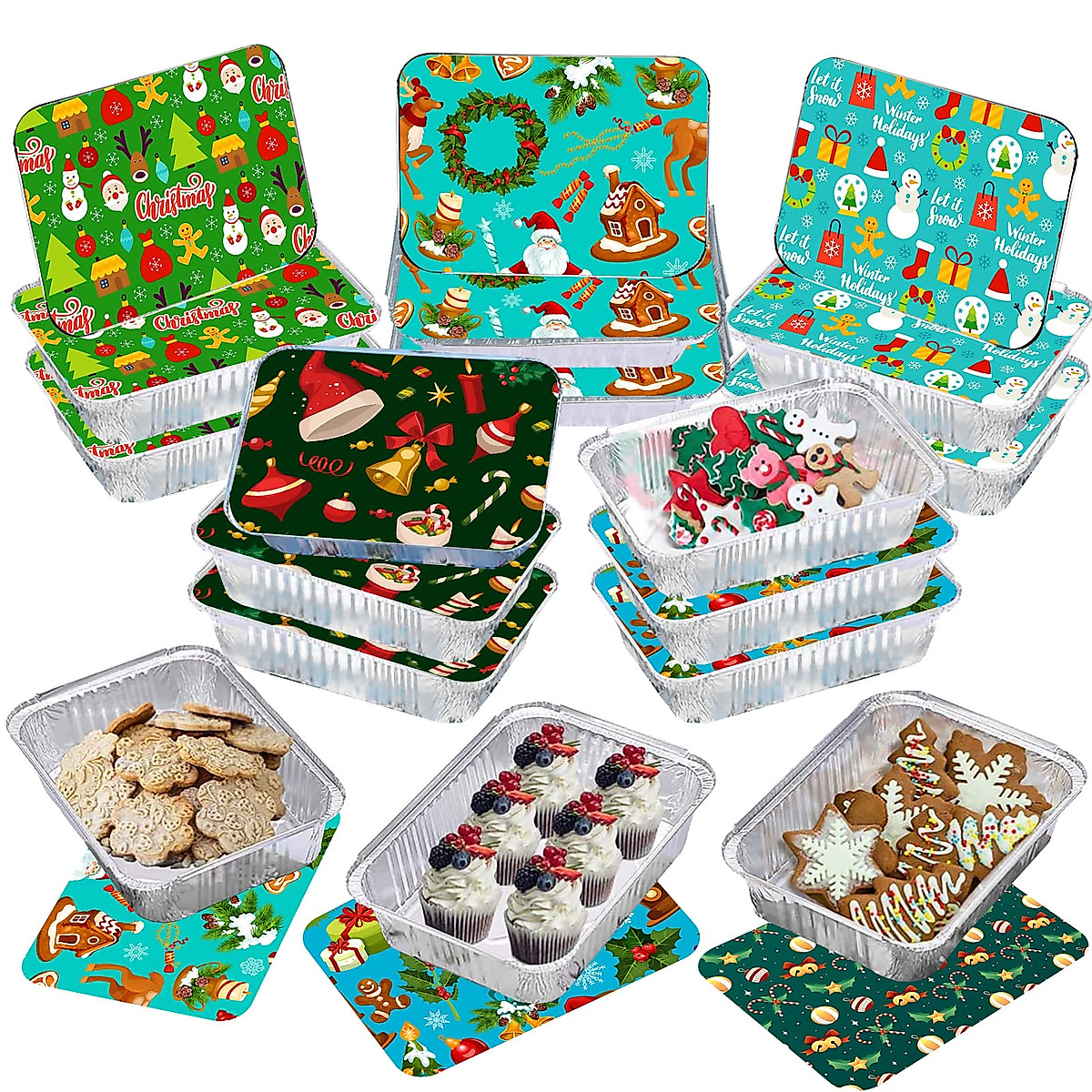 HABDJILTY 30 Christmas Tin Foil Containers with Lid Covers For Cookies Christmas Treat Foil Containers Aluminum Treat Exchange & Goody Party Leftovers for Holiday Festival Christmas