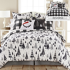 Levtex Home Merry & Bright Collection - Northern Star Duvet Cover Set - King Duvet Cover (106 x 94in.) + Two King Pillow Cases (36 x 20in.) - Holiday Pine Trees - Black and White - Microfiber