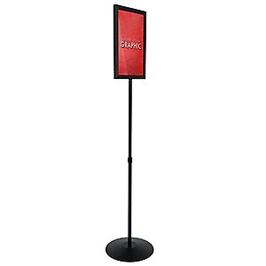 11x17 Sign Stand with Height-Adjustable Post, Top-Loading Sign Frame Includes PVC Backer and 2 Non-Glare Lenses for Double-Sided Presentations, Aluminum (Black)
