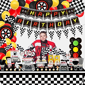 Race Car Birthday Party Supplies, Car Theme Party Decorations, Happy Birthday Banner, Plates, Race Car Tablecloth, Black and White Checkered Flag, Napkins, Cups, Balloon Arch Decor for Boy Teens Bday