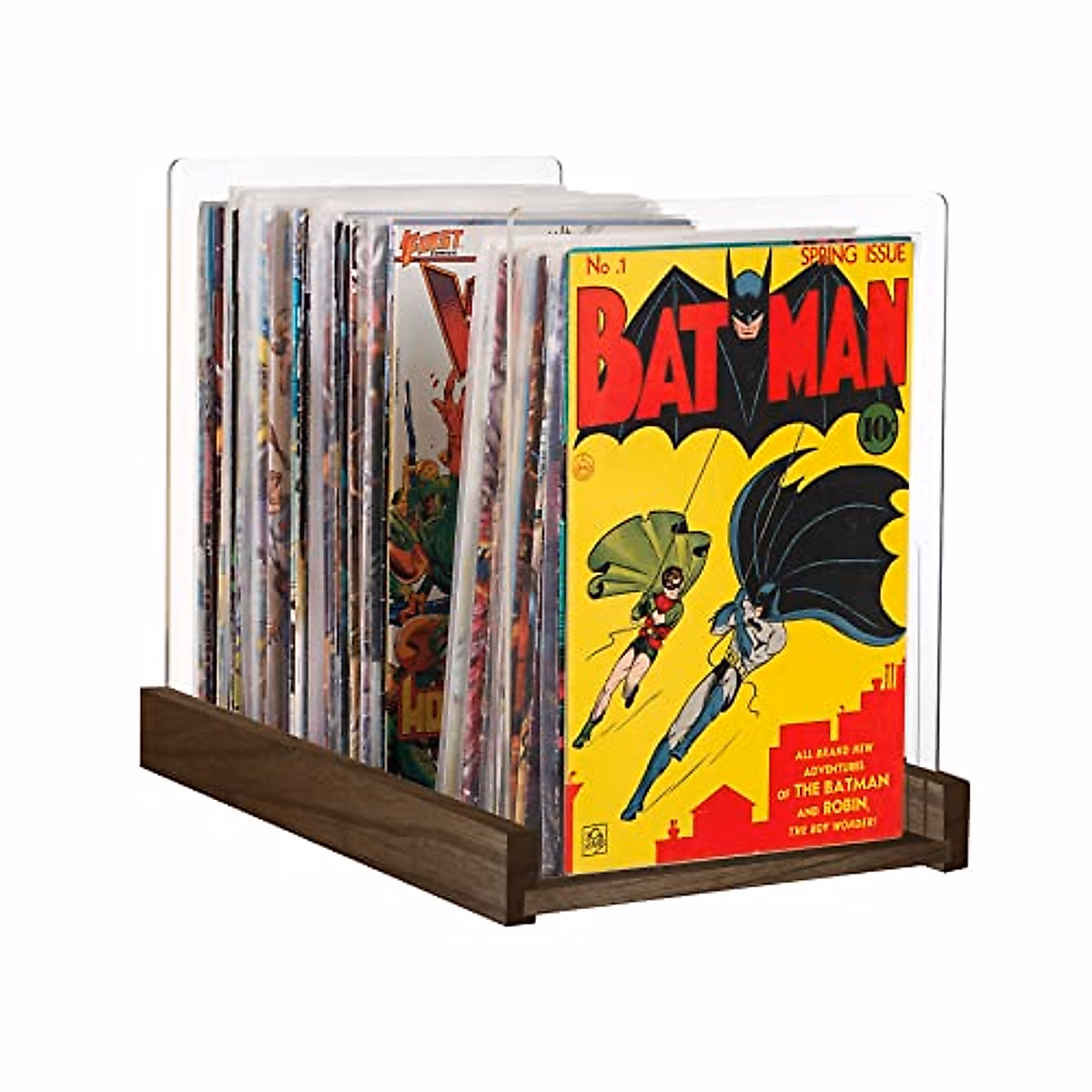 Comic Book Storage Holder - Display Case for Collectors – Patent Pending Wood & Acrylic Comics Box, Bin & Organizer - Magazines & Books Boxes for Organization - Stores Up To 150 Issues - 14.5x8 Inches (Dark Walnut)