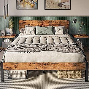 LIKIMIO Queen Bed Frame with Headboard, Strong Steel Slat Support, Tool-Free Assembly, Underbed Storage Space, No Box Spring Needed