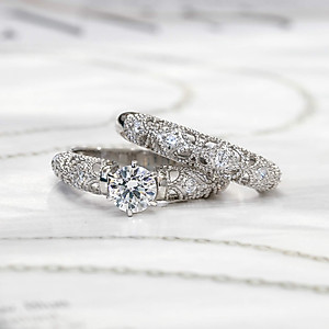 925 Sterling Silver Wedding Ring Set, 0.7 Carat Round CZ Stone Engagement Ring 2pcs Milgrain Filigree Vintage Bridal Set (Size 5 to 10), 8