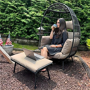 YITAHOME Wicker Egg Chair with Ottoman Outdoor Indoor Oversized Lounger with Stand, Cushions, Egg Basket Chair for Patio Backyard Porch - Brown & Black