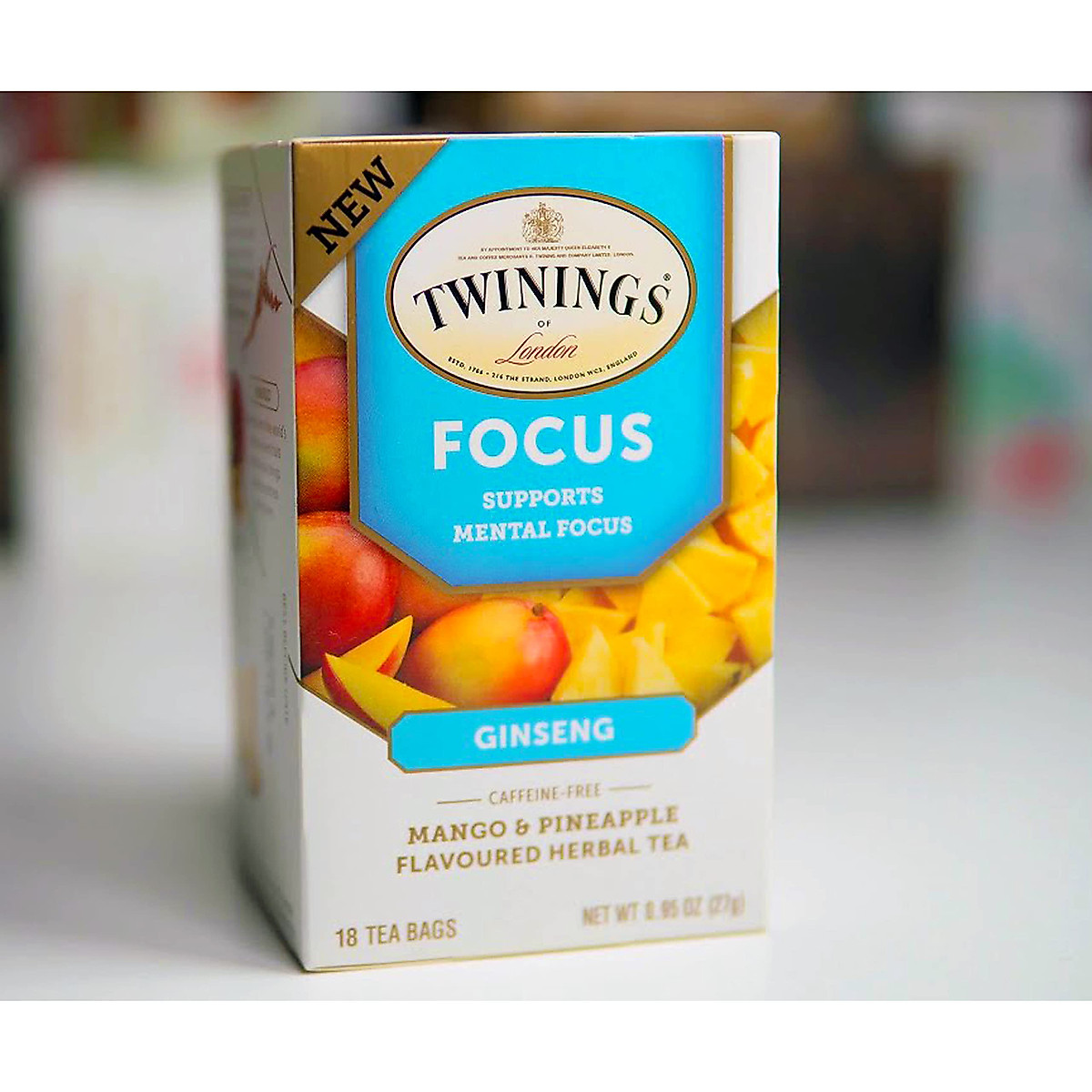 Twinings Focus Tea - Mango & Pineapple Flavoured Hibiscus Tea with Revitalizing Ginseng Root, Naturally Caffeine-Free Herbal Tea Bags Individually Wrapped, 18 Count