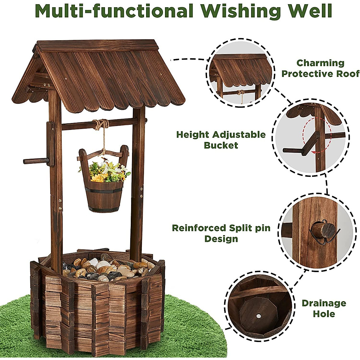 AMERLIFE Wooden Wishing Well - Height Adjustable Hanging Bucket, Wishing Well Planter with Reinforced Rod Outdoor Home Decor, Flower Planter for Front Yard Ornaments